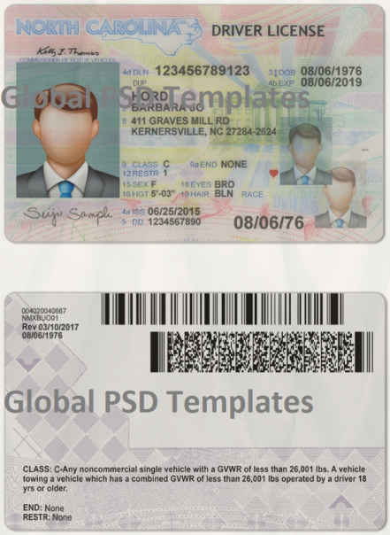 North Carolina Drivers License Template (scan) - Global PSD Template